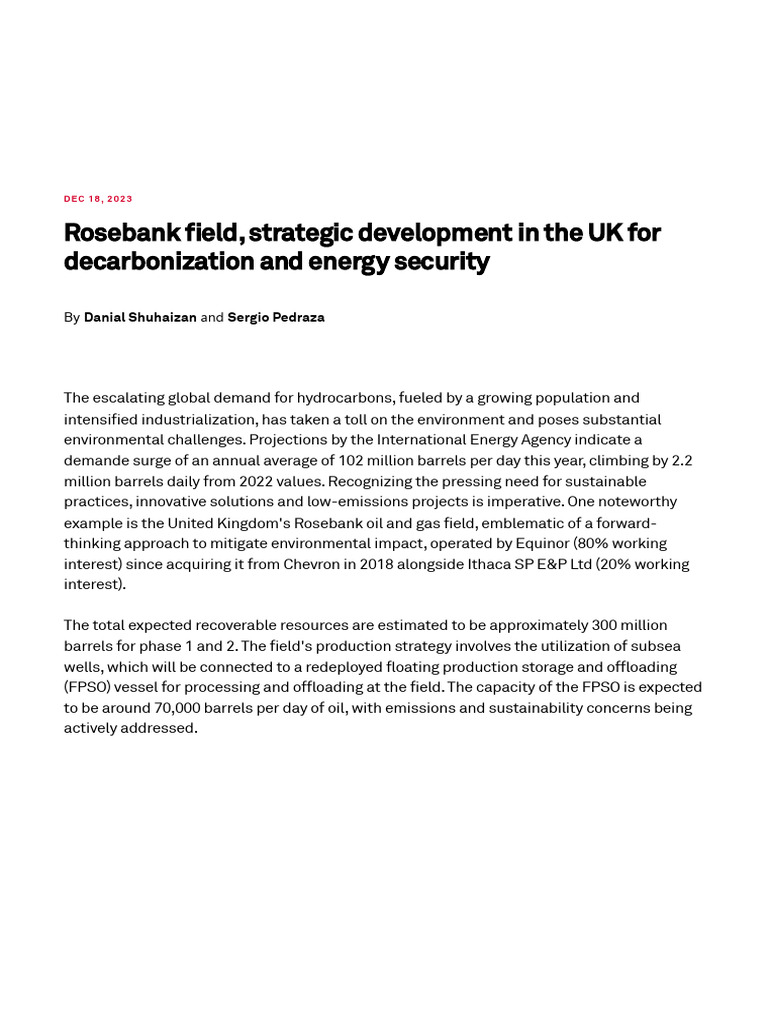 Rosebank Field, Strategic Development in The UK For Decarbonization and ...