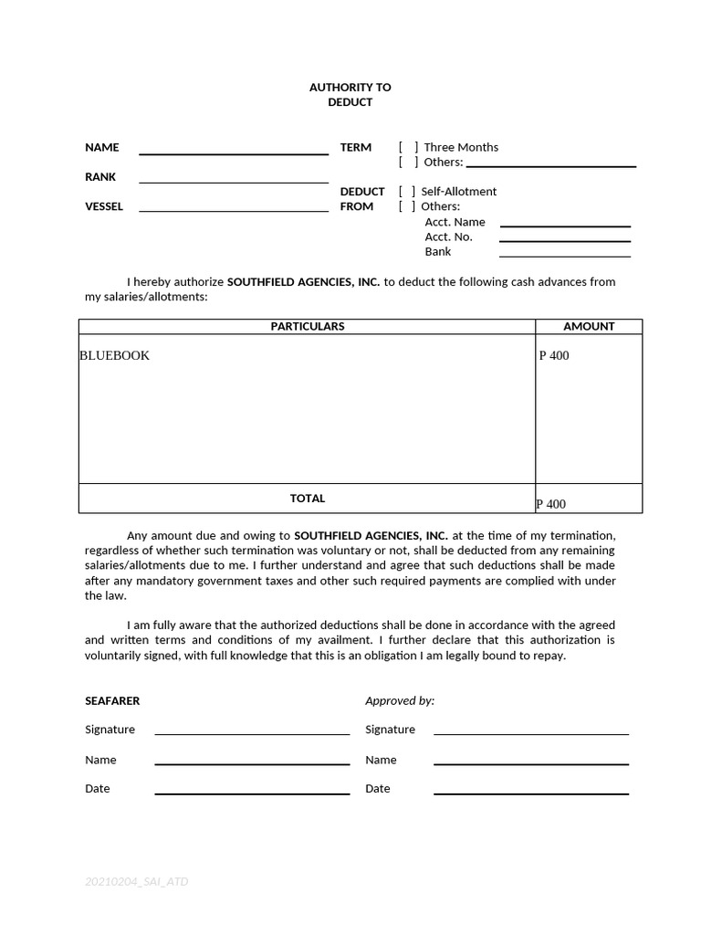 Southfield Agencies Salary Deduction Form | PDF