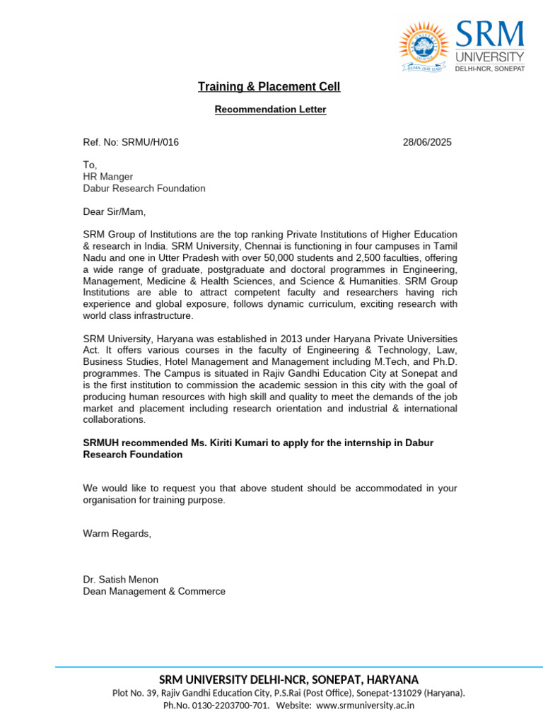 Recomendation Letter For KIRTI | PDF | Academia | Higher Education