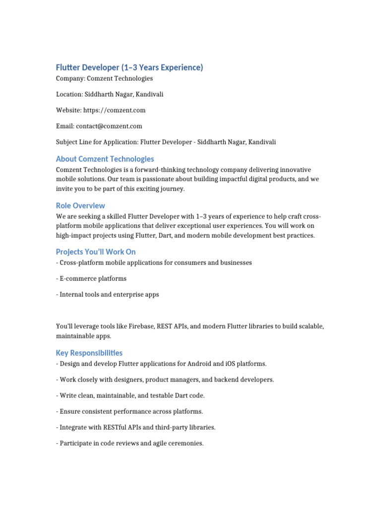 Flutter Developer Comzent Job Description | PDF | Mobile App | Android (Operating System)