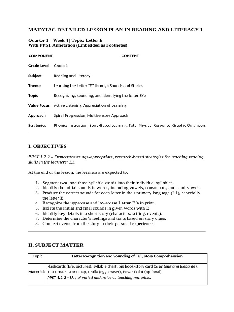 Grade 1 Lesson Plan: Letter E | PDF | Phonics | Pedagogy