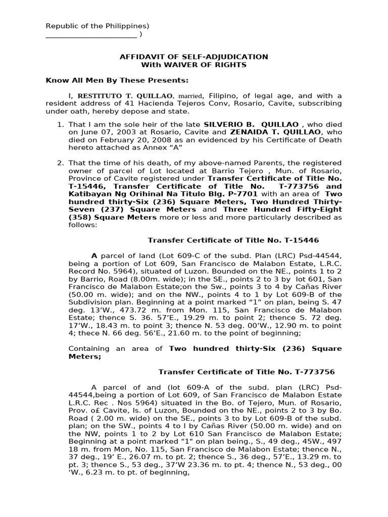 Self Adjudication With Waiver of Rights - Restituto T. Quillao | PDF ...