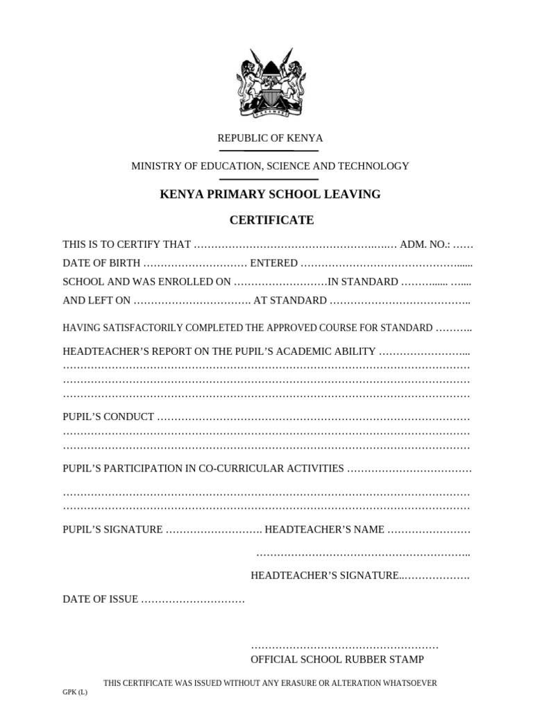 Kenya Primary School Leaving Certificate Template-1 | PDF