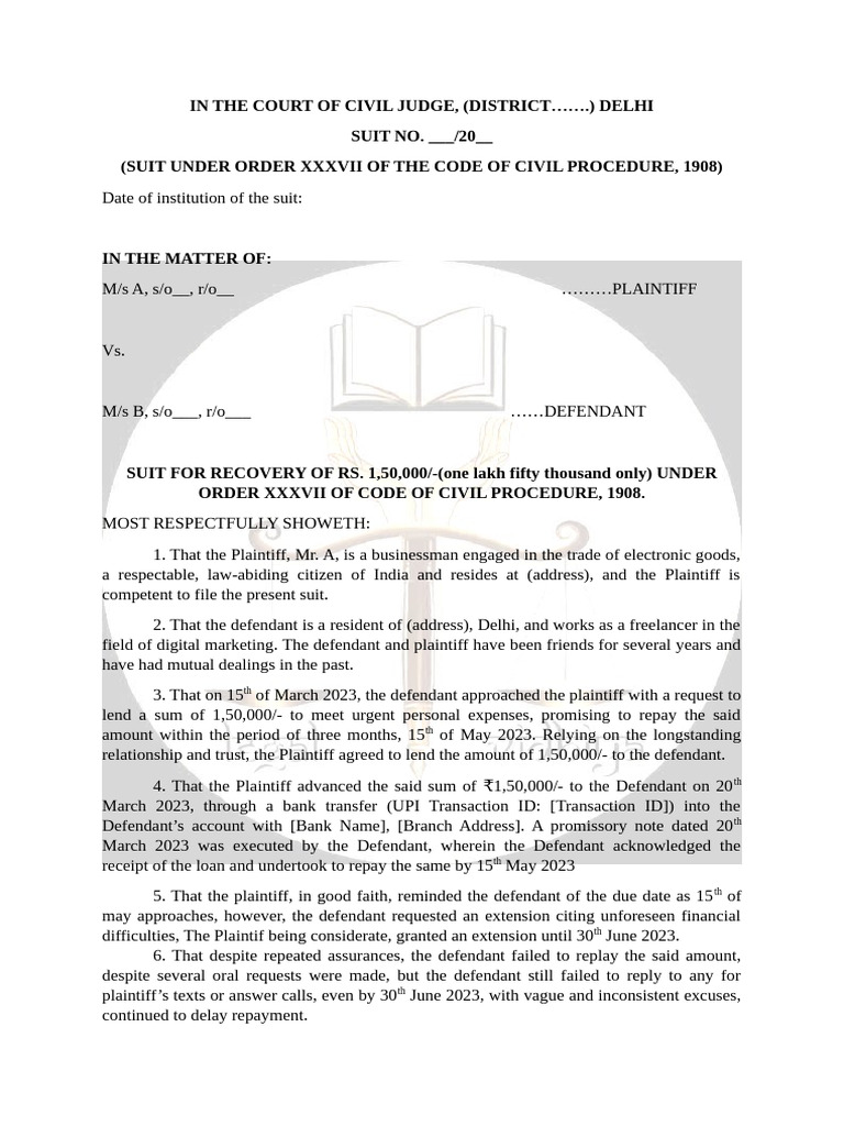Recovery Suit for ₹1,50,000 Loan | PDF | Lawsuit | Common Law