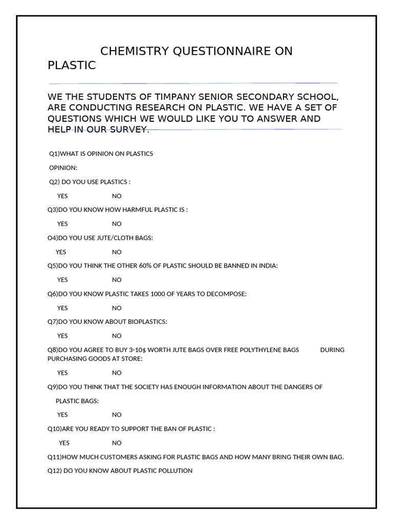 Chemistry Questionnaire On Plastic | PDF