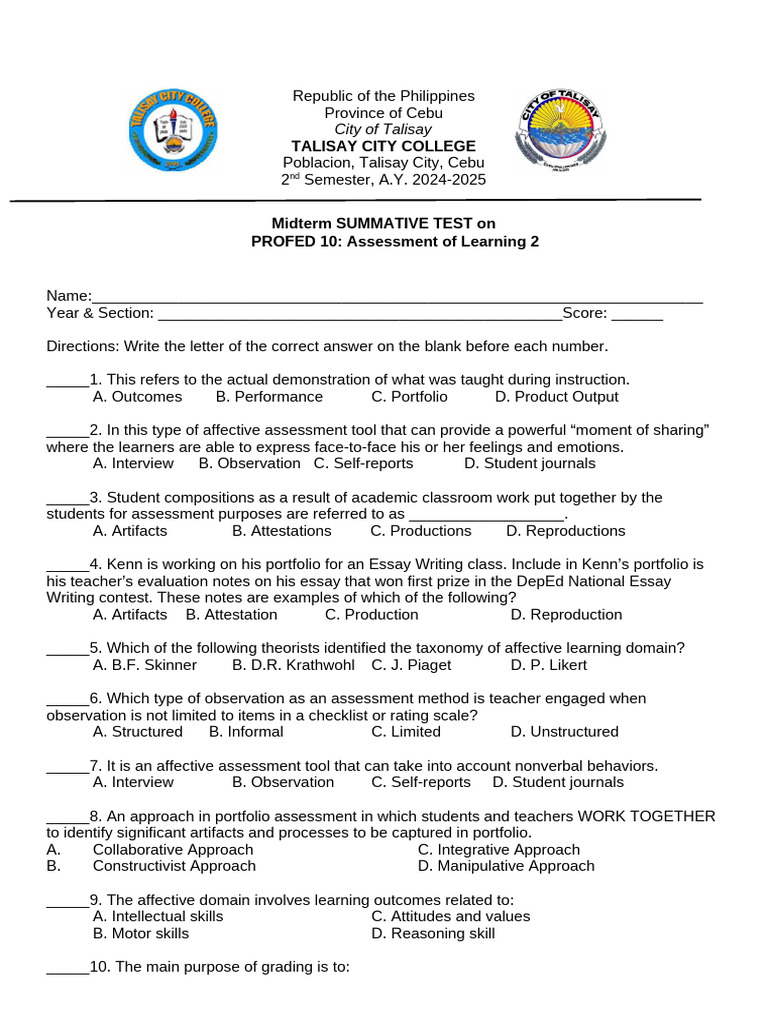 Prof Ed 10 - Midterm Summative | PDF | Educational Assessment | Learning