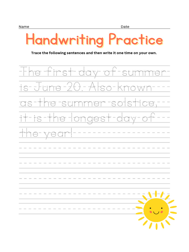 Handwriting Practice: Summer Solstice | PDF