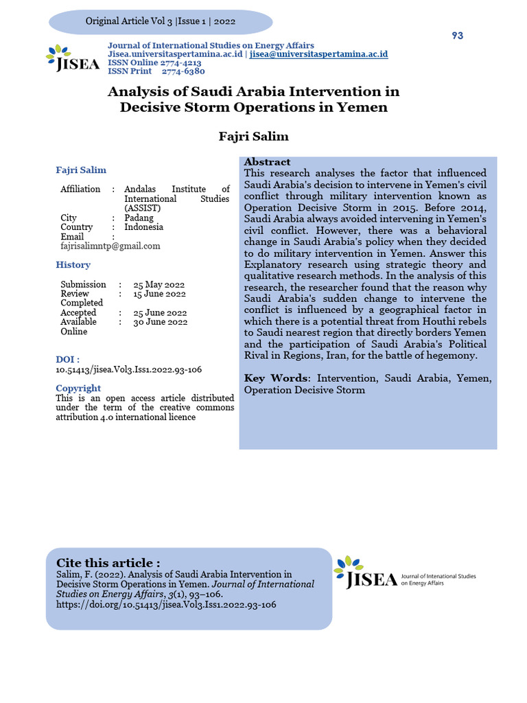 Analysis of Saudi Arabia Intervention in Decisive Storm Operations in ...