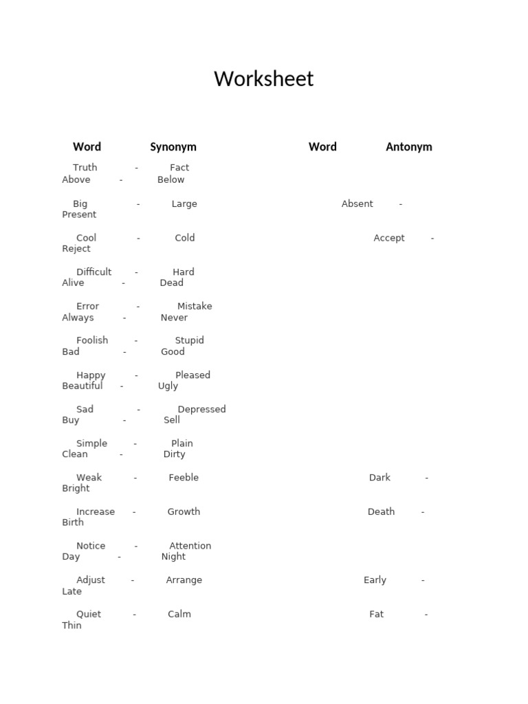 Face Parts Synonyms and Antonyms Worksheet | PDF