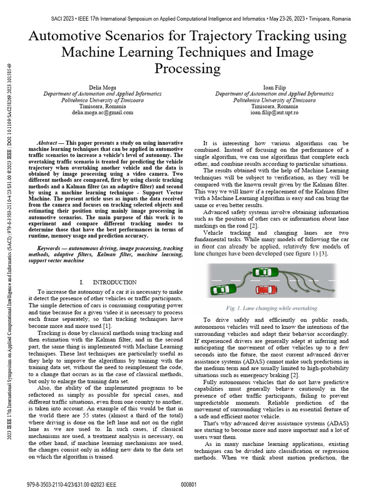 Automotive Scenarios For Trajectory Tracking Using Machine Learning Techniques and Image ...