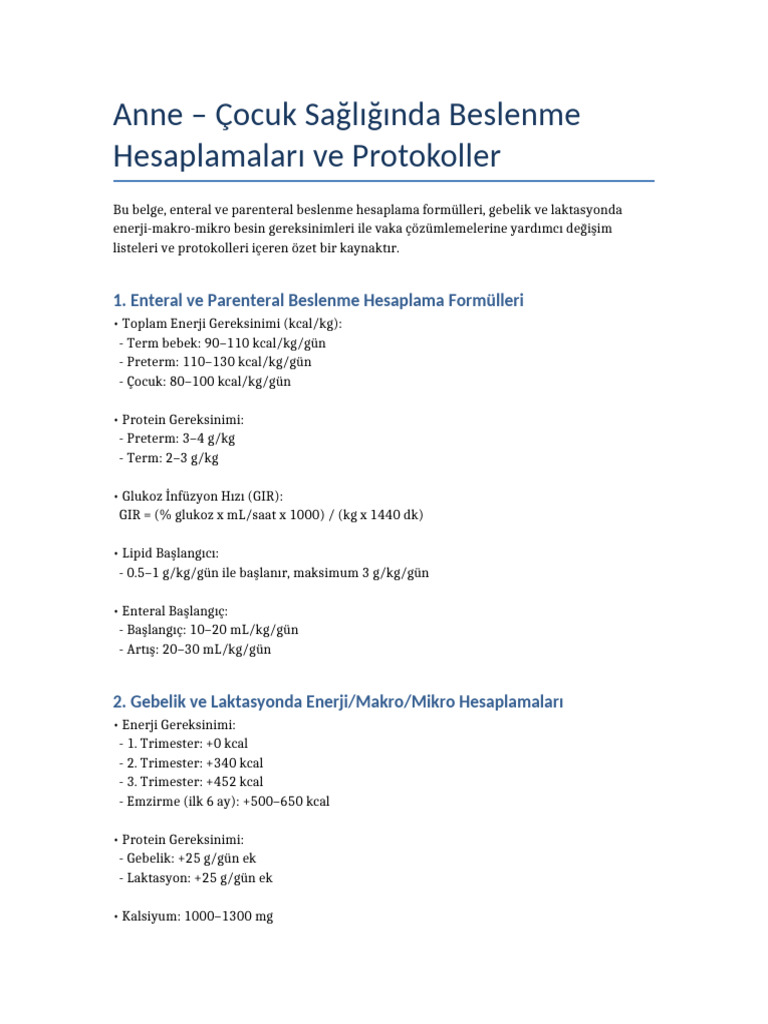 Anne Cocuk Beslenme Hesaplama Protokol El Kitabi | PDF