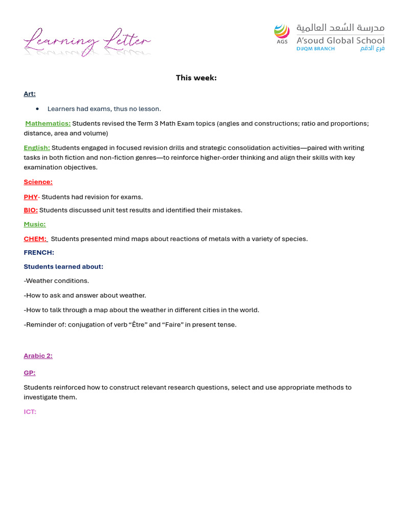 Learning Letter G7!15!06-2025 | PDF | English Language | Reading ...