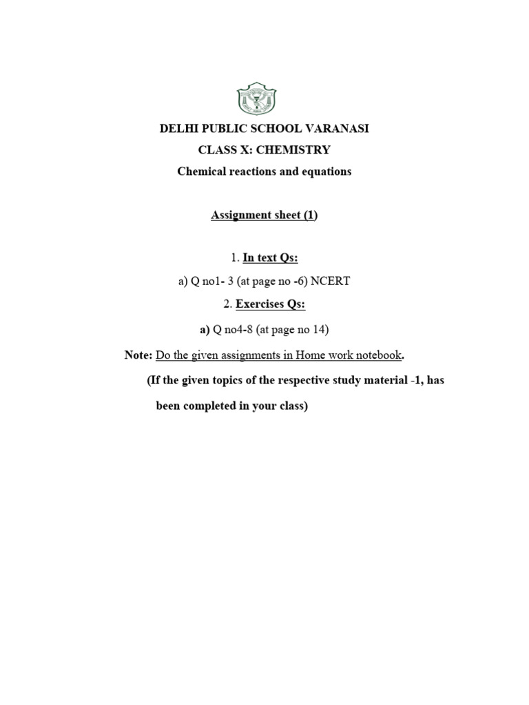 Chemical Reactions & Equations (Assignment Sheet-1) | PDF