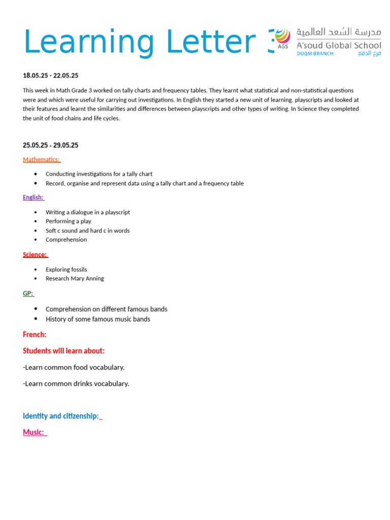 Grade 3A Weekly Learning Summary | PDF