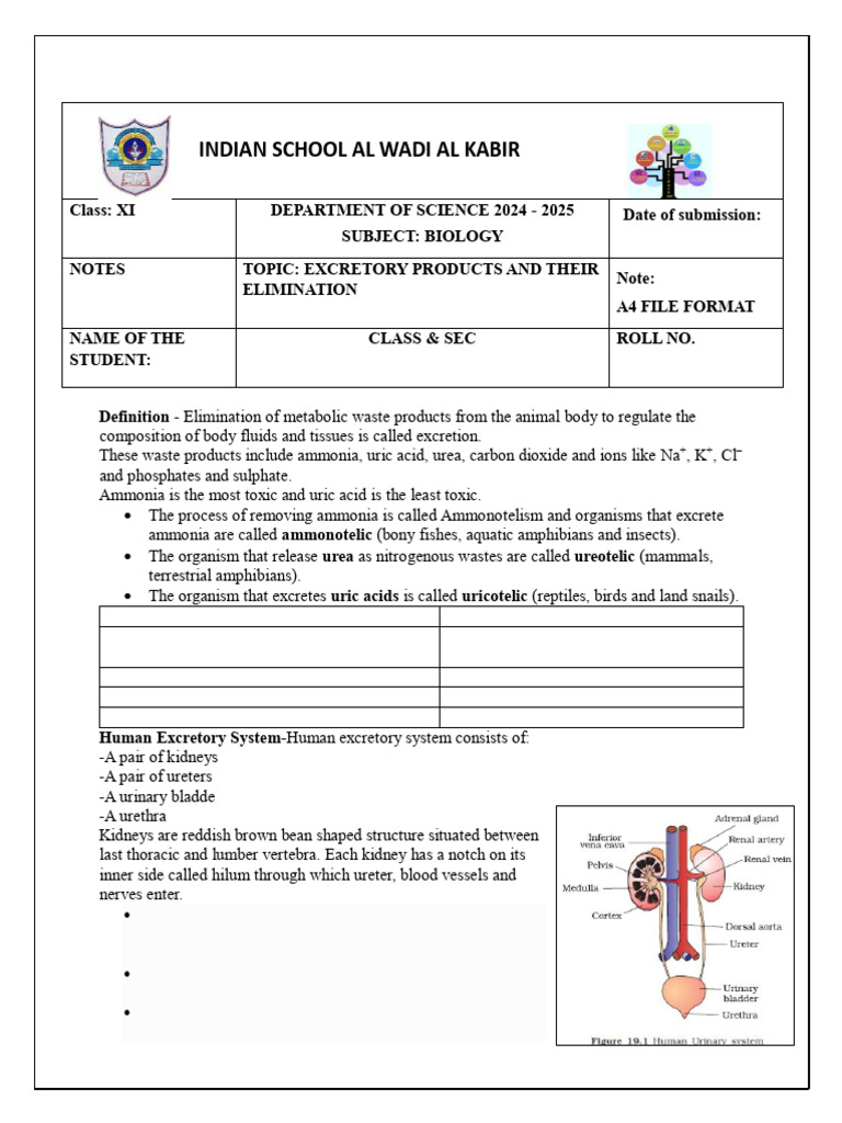 Excretory Products and Their Elimination Class 11 Notes Biology | PDF ...