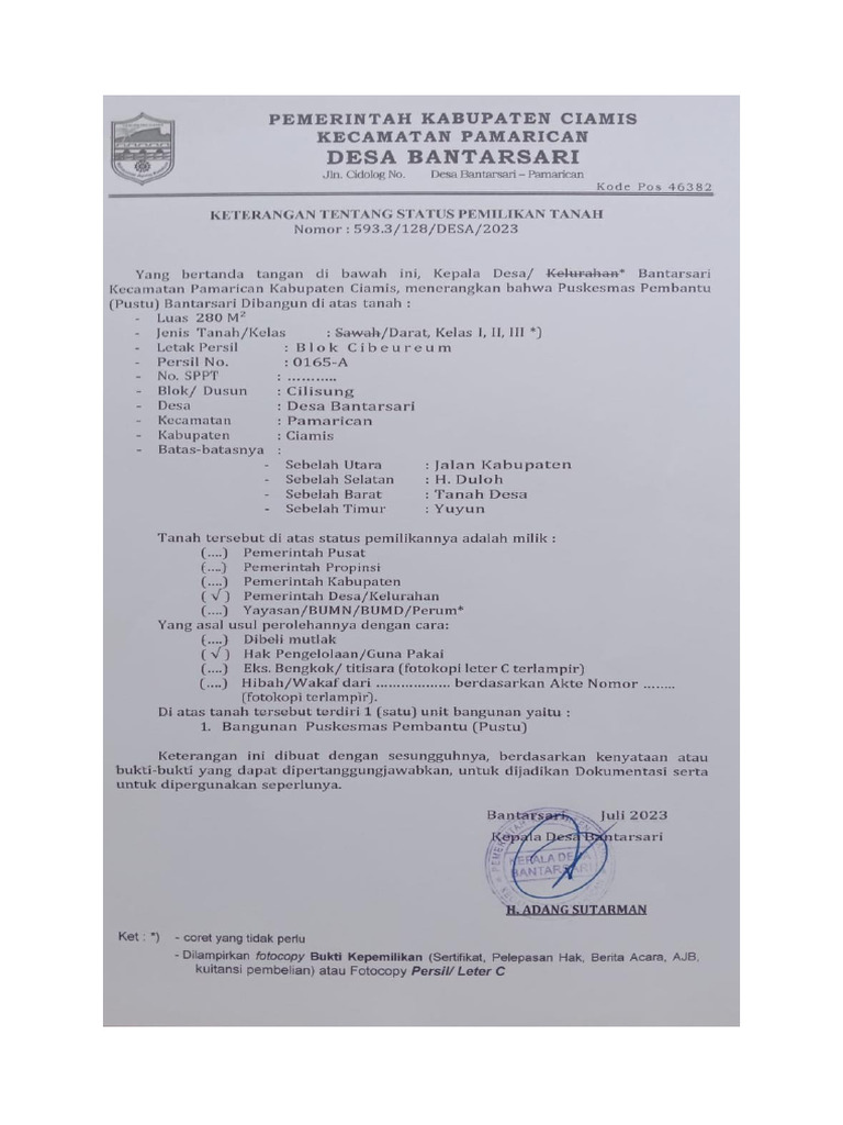Surat Ket Tanah Tilok Pustu Bantarsari | PDF