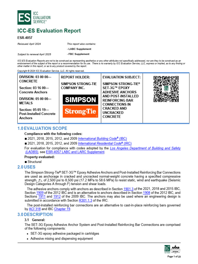 Simpson Strong-Tie SET-3G Epoxy Anchors | PDF | Strength Of Materials ...