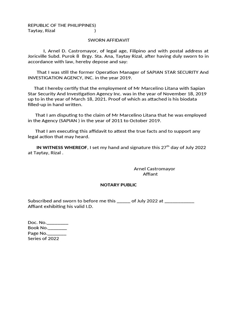 Affidavit of Undertaking Arnel Castro | PDF