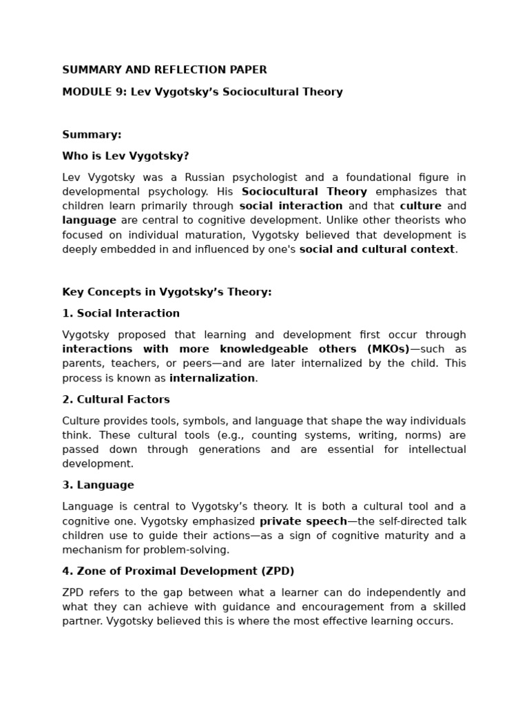 MODULE 9 Lev Vygotskys Sociocultural Theory | PDF | Behavioural ...