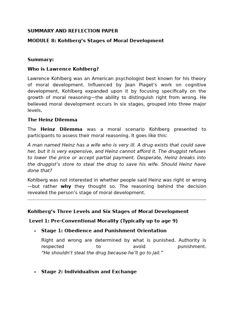 MODULE 8 Kohlbergs Stages of Moral Development | PDF | Morality | Behavioural Sciences
