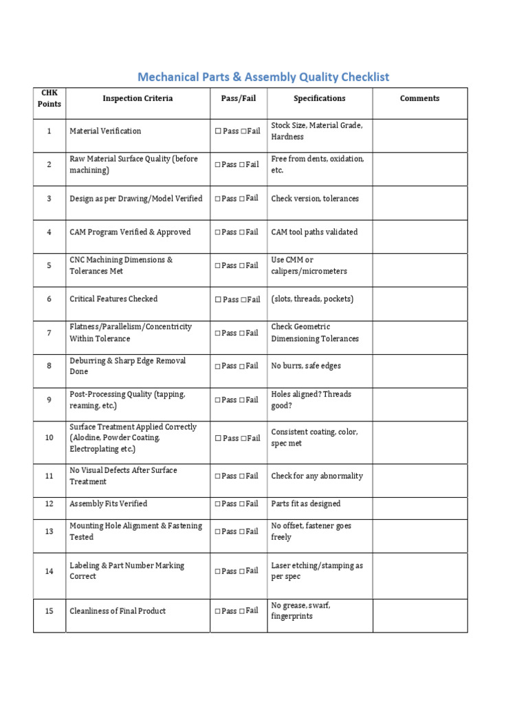 Mechanical Assembly Quality Checklist | PDF | Industrial Processes | Metalworking