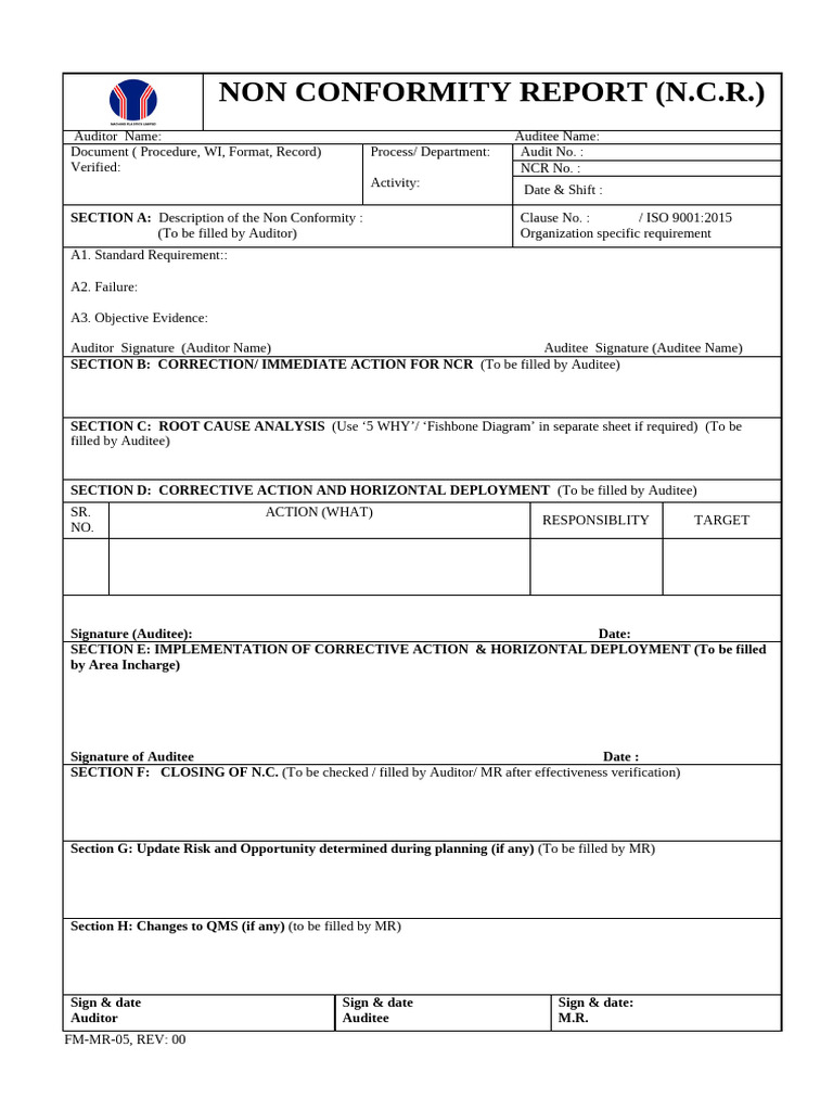 NCR Format Specimen-IsO 9001 - 2015 | PDF