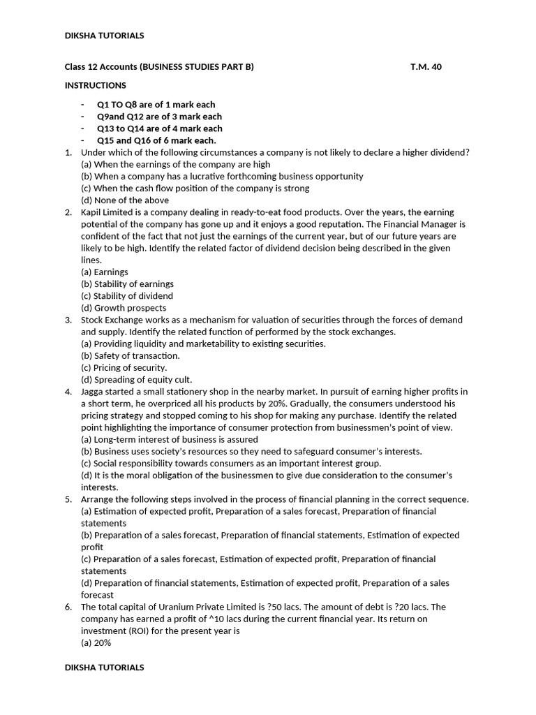 Class 12 Business Studies QP Part B | PDF | Stocks | Market (Economics)