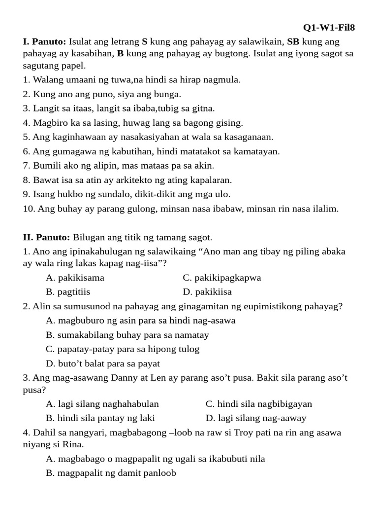 Q1-W1-Fil8 I. Panuto: S SB B | PDF