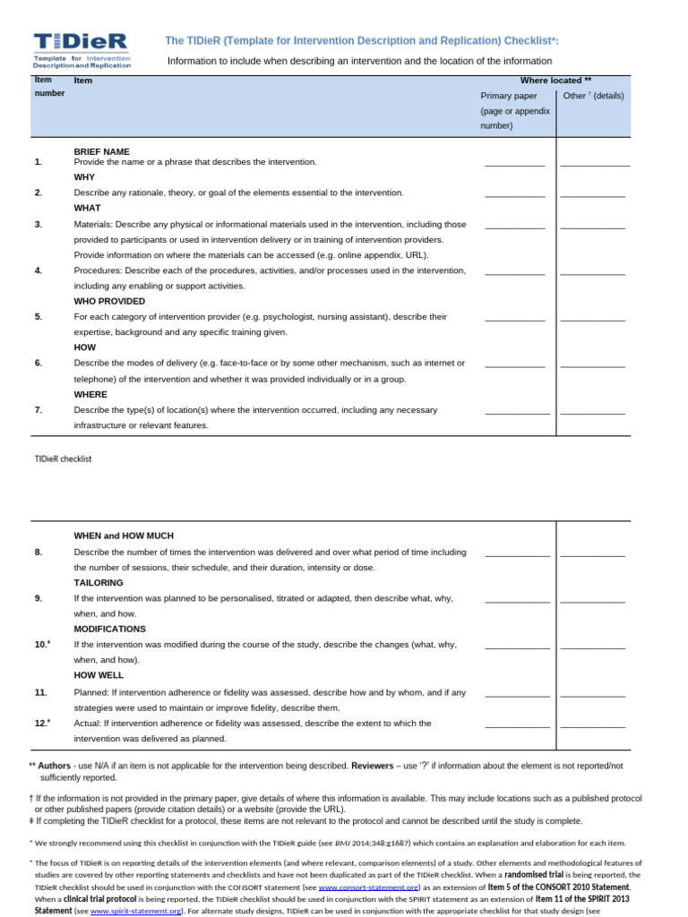 TIDieR Checklist Word | PDF