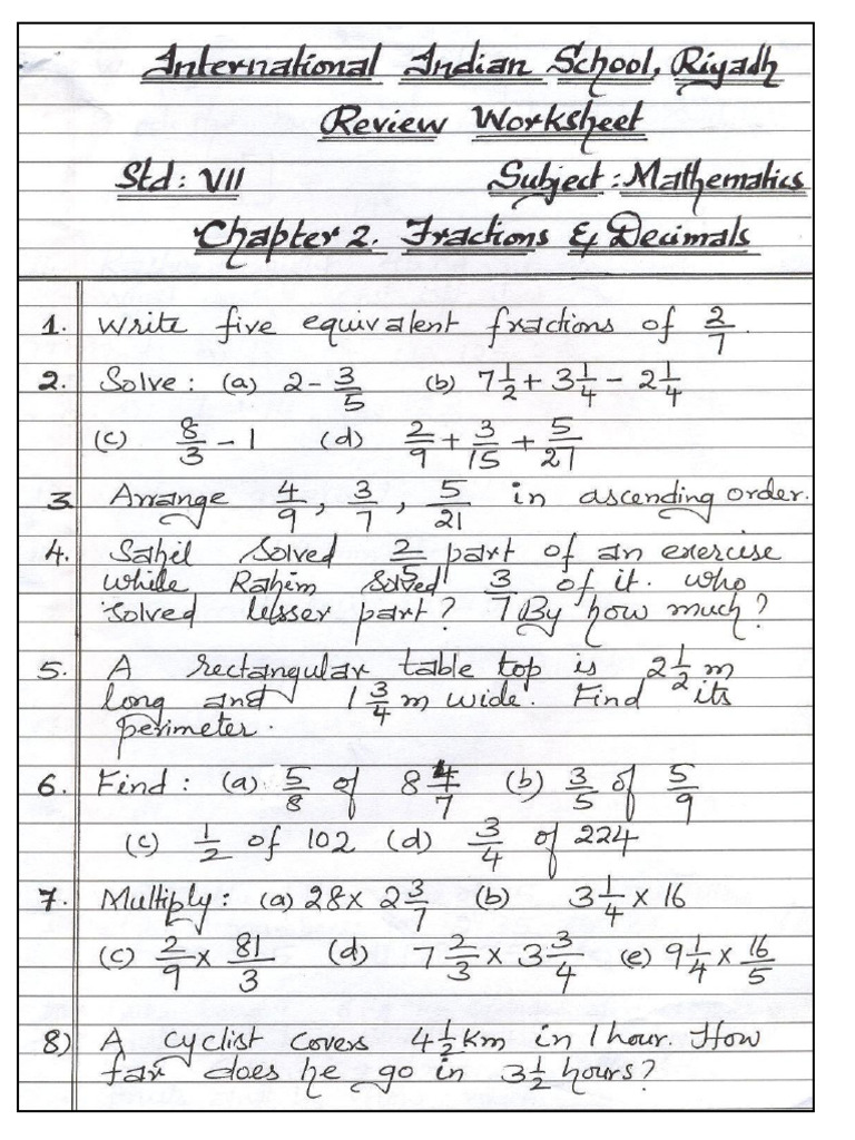 CBSE Class 7 Maths Worksheet Fractions and Decimals 2 | PDF
