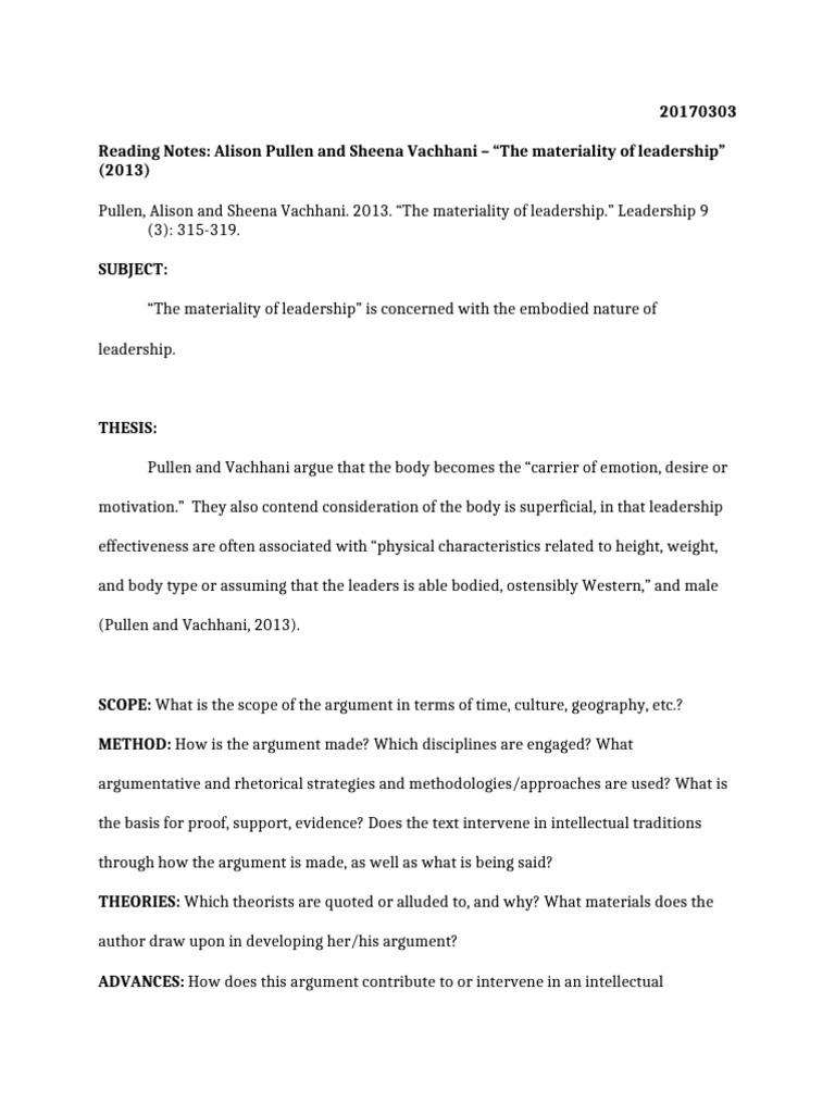 Pullen and Vachhani - Materiality of Leadership RN | PDF | Leadership ...