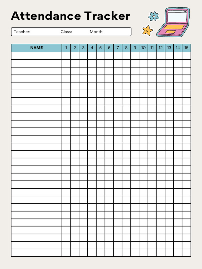 Attendance Tracker in Pastel Color and Monochromatic Simple Style ...