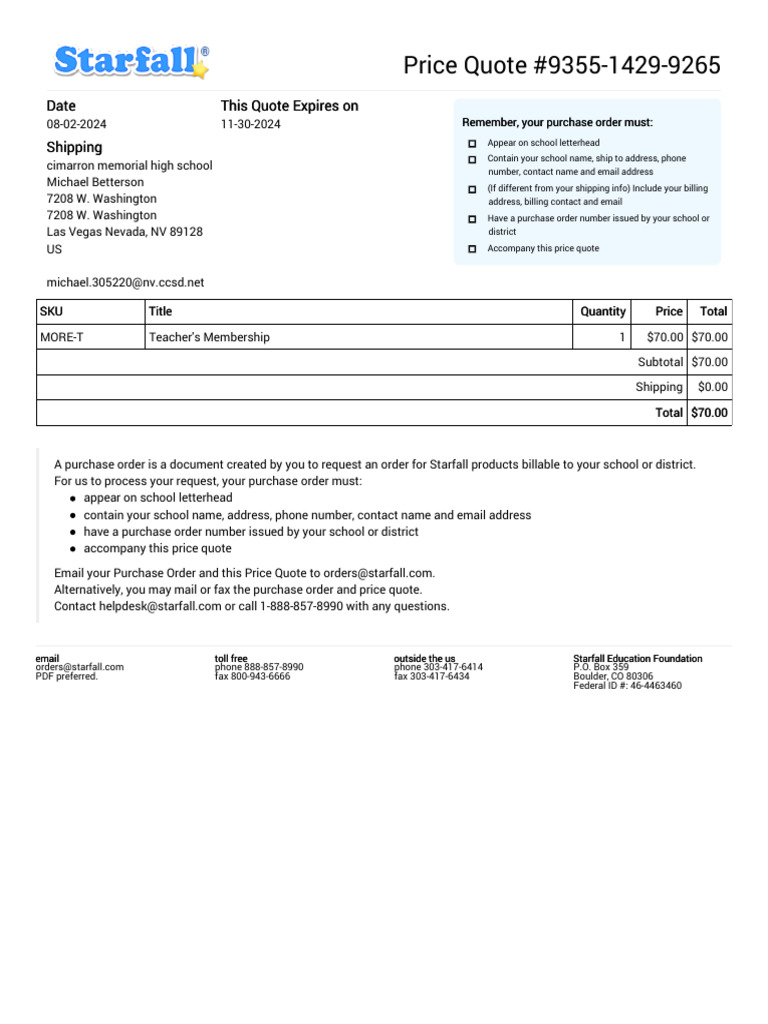 Price Quote for Starfall Membership | PDF | Telecommunications