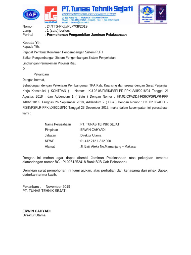 Surat Permohonan Pengembalian Jaminan Pelaksanaan Tpa | PDF
