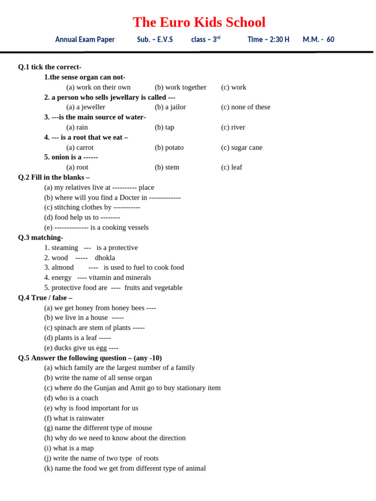 Class 3 EVS Annual Exam Paper 2025 | PDF