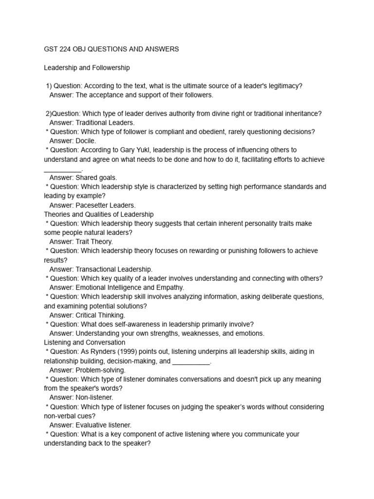GST 224 Obj Questions and Answers | PDF | Leadership | Emotional ...