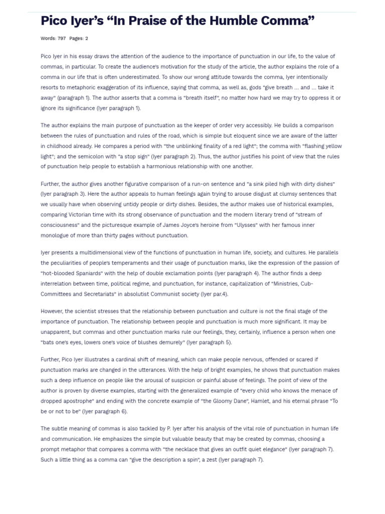 Pico Iyer's - in Praise of The Humble Comma - Free Essay Example | PDF ...