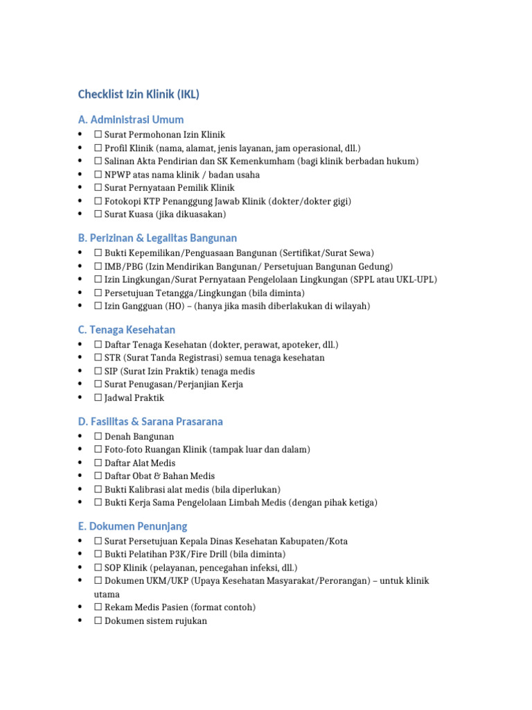 Checklist Izin Klinik IKL | PDF
