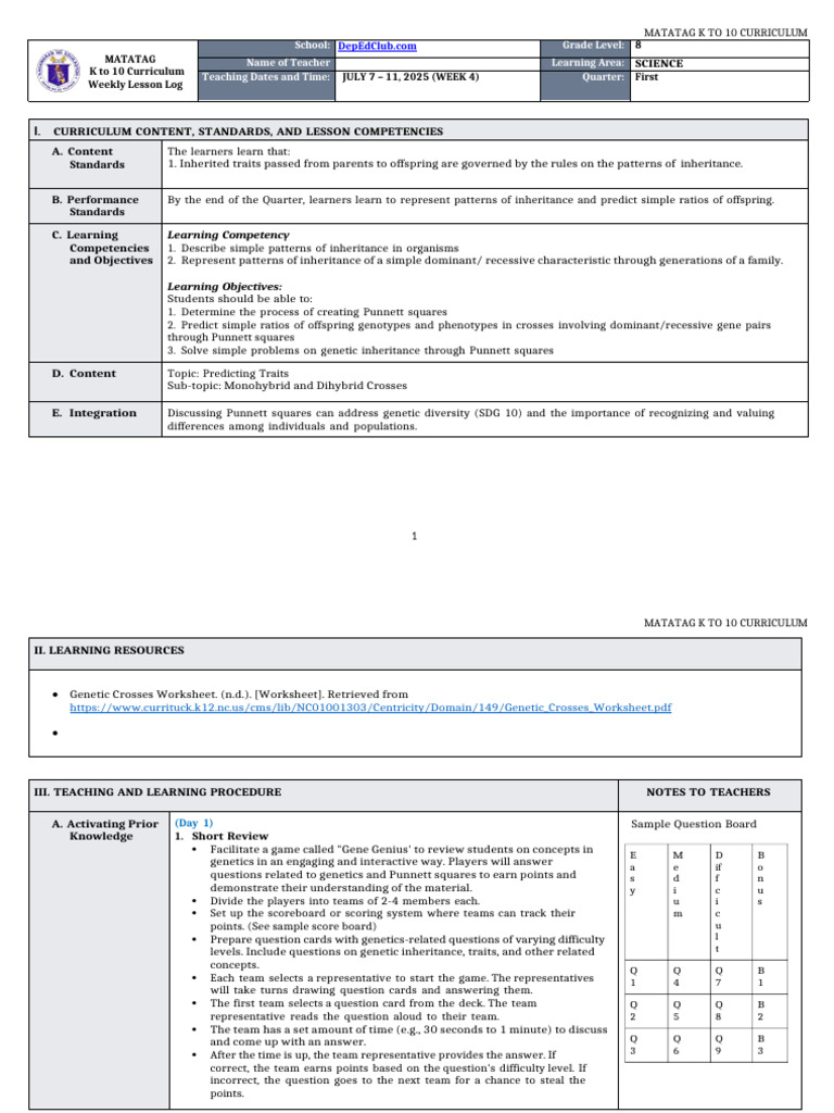 DLL Matatag - Science 8 q1 w4 | PDF | Dominance (Genetics) | Zygosity