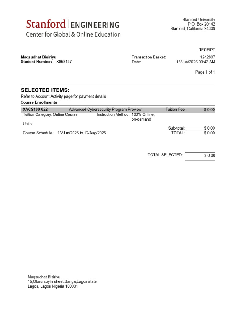 Stanford Engineering Center For Global & Online Education Receipt | PDF