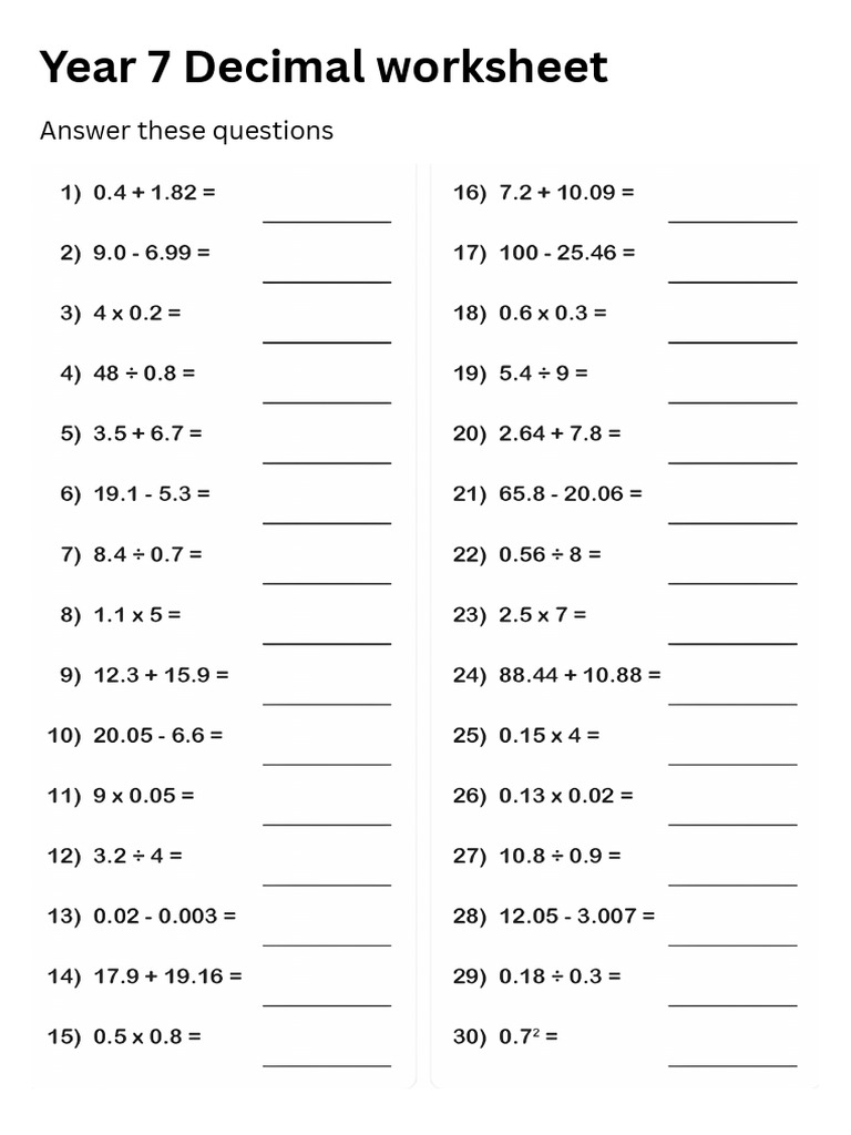 Year 7 Decimal Worksheet PDF | PDF