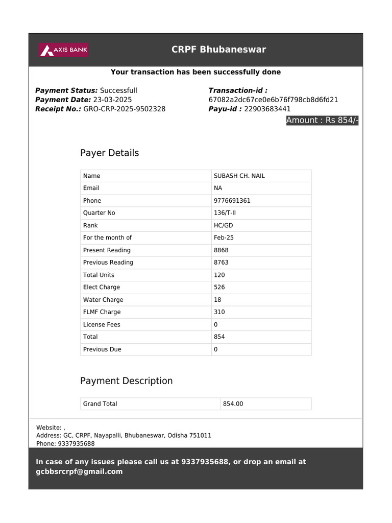 CRPF Bhubaneswar Payment Receipt | PDF