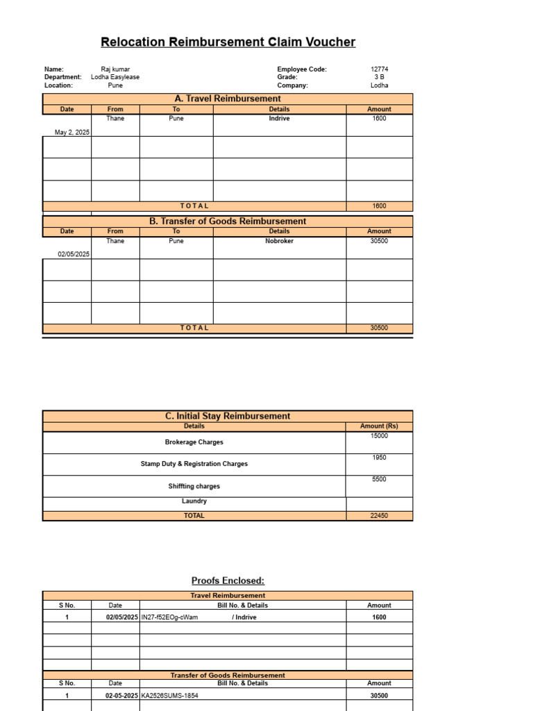 Relocation Reimbursement Claim Form | PDF | Reimbursement | Expense