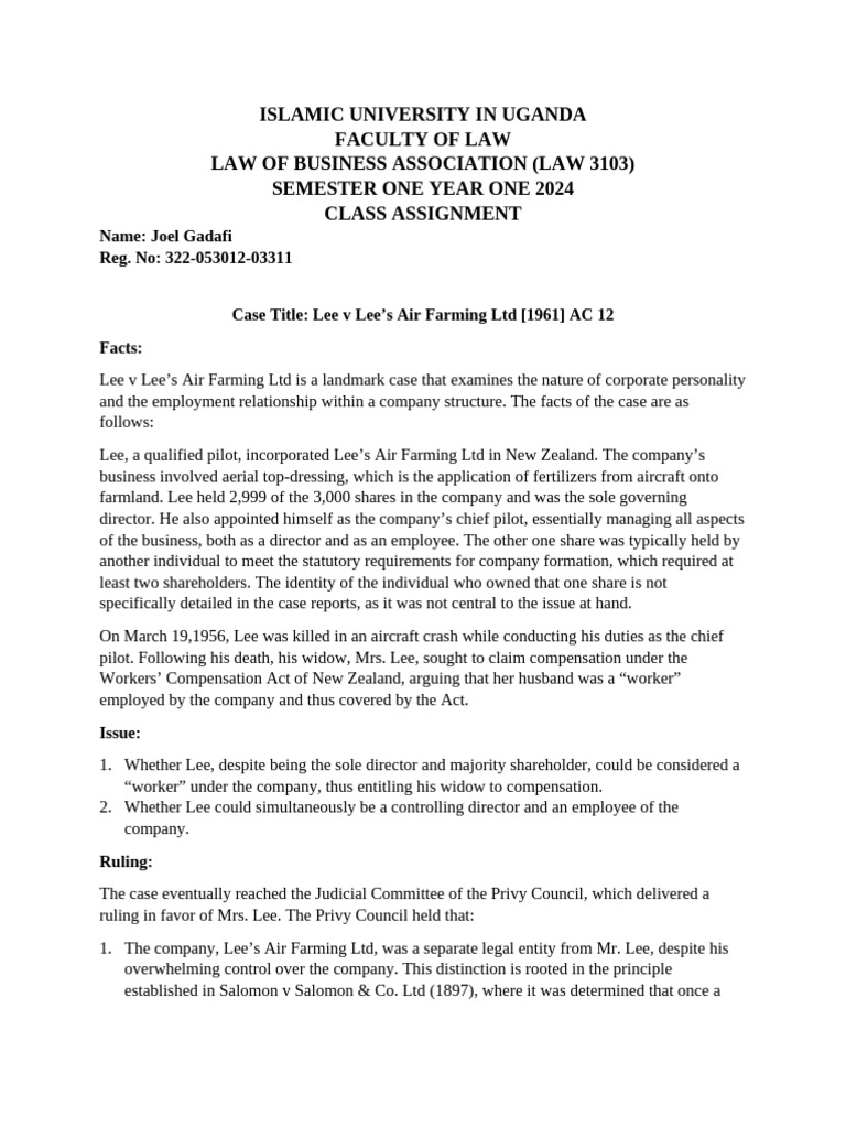 Lee v Lee’s Air Farming Ltd Analysis | PDF | Employment | Companies
