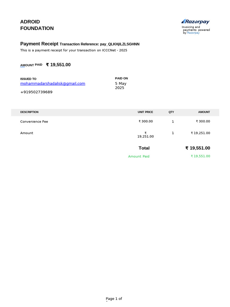 Receipt Pay - QLKHJLLZLSGHNN From Adroid Foundation (Paid) | PDF