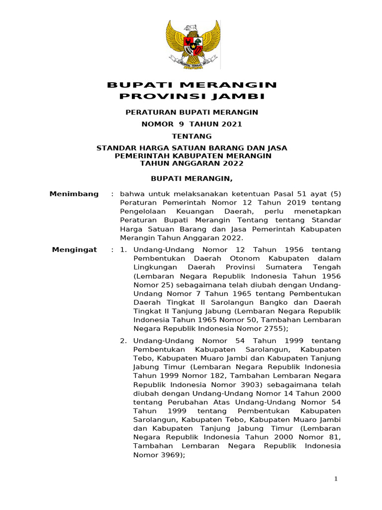 Perbup TTG Standar Harga Satuan (SHS) 2021 | PDF