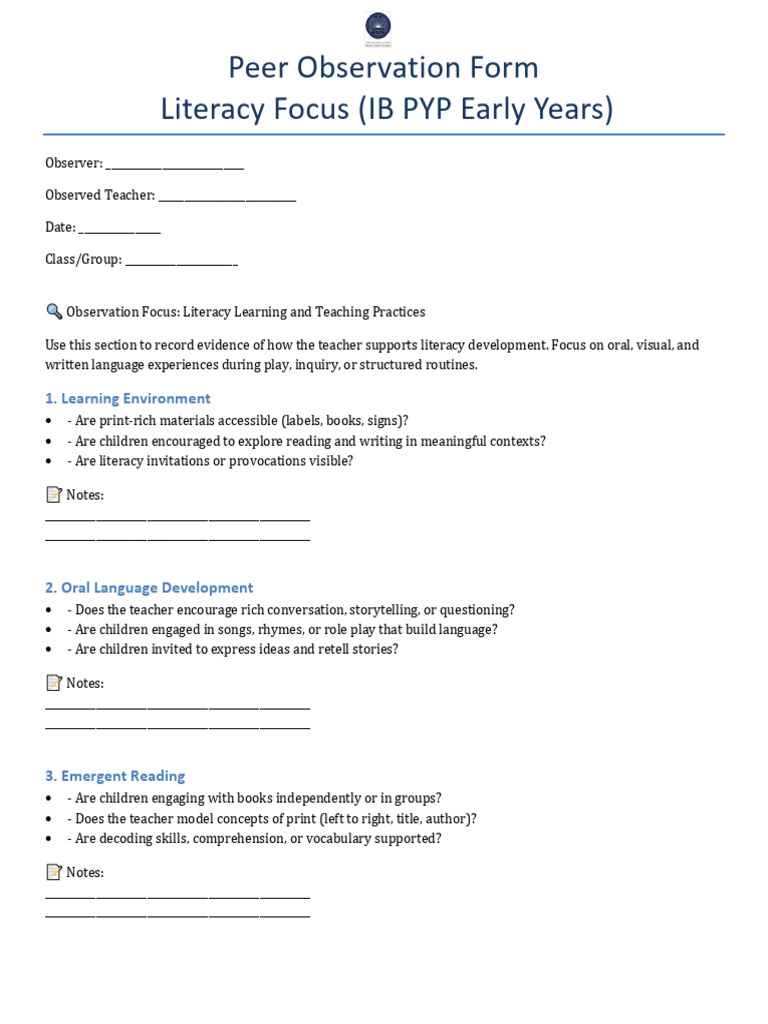 Early Years Literacy Observation Guide | PDF | Literacy | Teachers