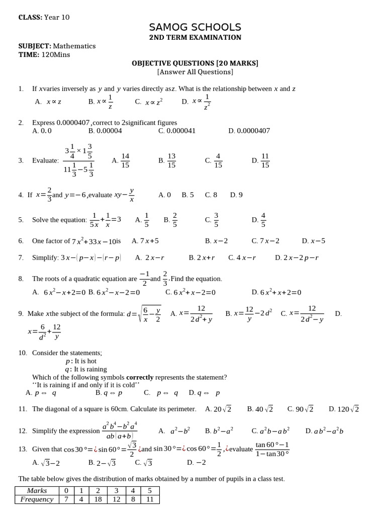 Year 10 Mathematics Exam Questions | PDF | Square Root | Elementary ...
