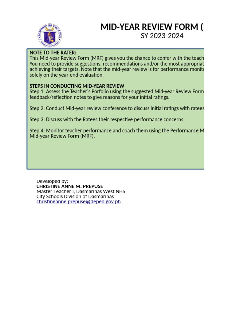 Mid-Year Review Form for Teachers 2023-2024 | PDF | Learning | Cognition