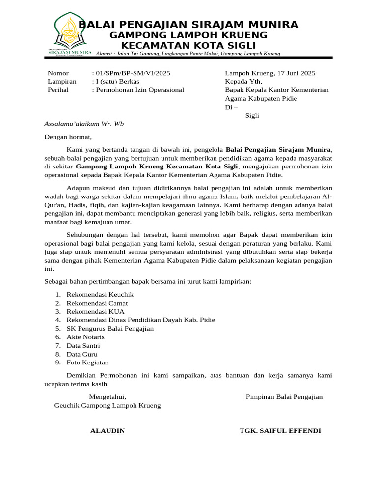 Surat Permohonan Izin Operasional - Kua New | PDF